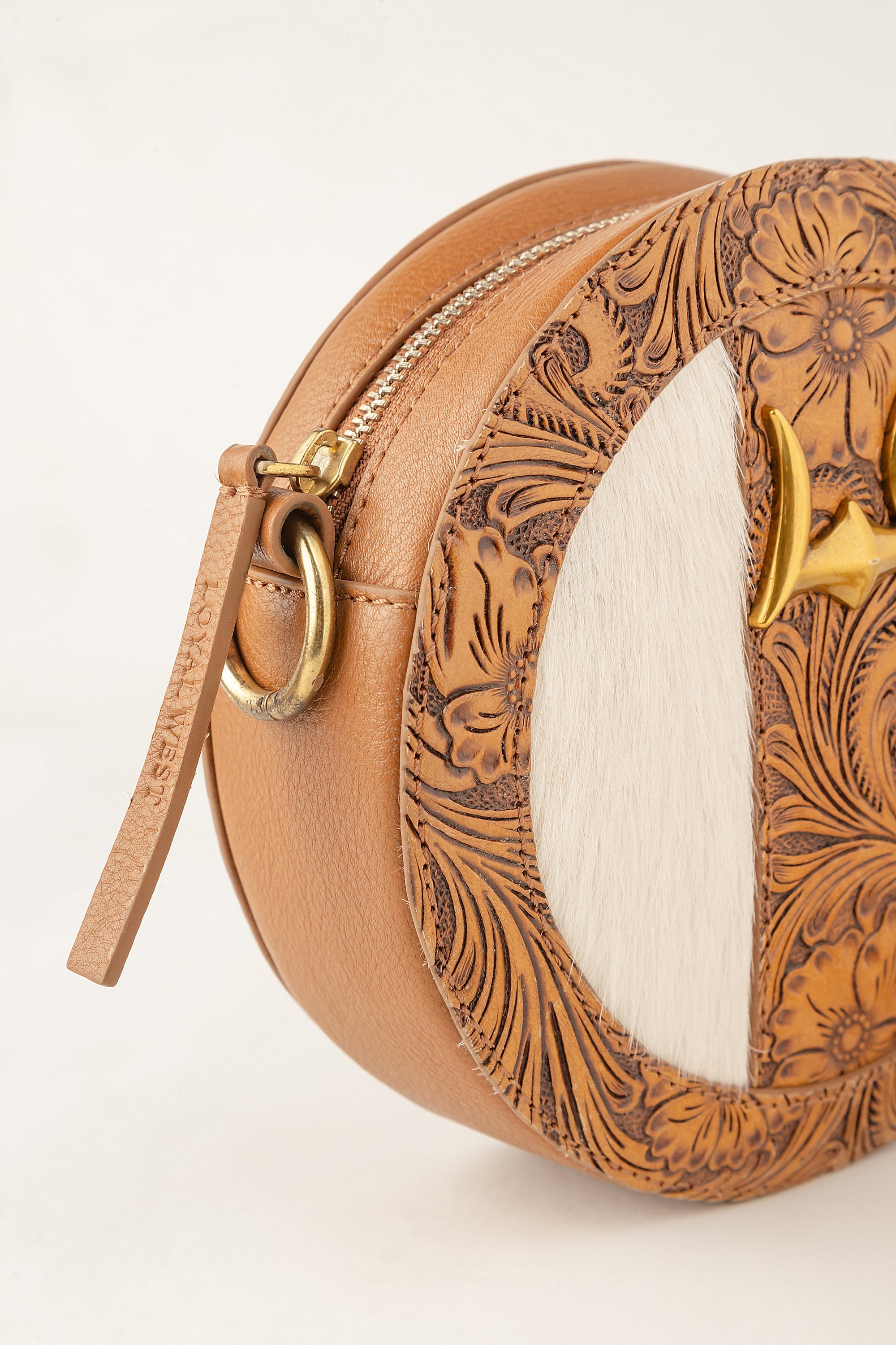Leon Full Moon Bag In Handtooled Leather & Black And White Cowhide ...
